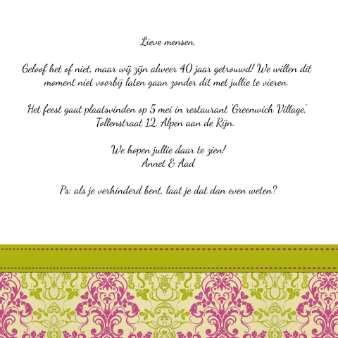 Chique uitnodiging voor trouwfeest met baroque print