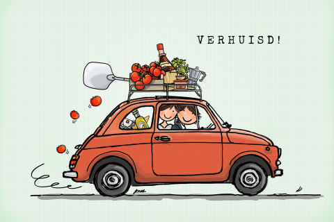 Getekende verhuiskaarten met vrolijke rode auto