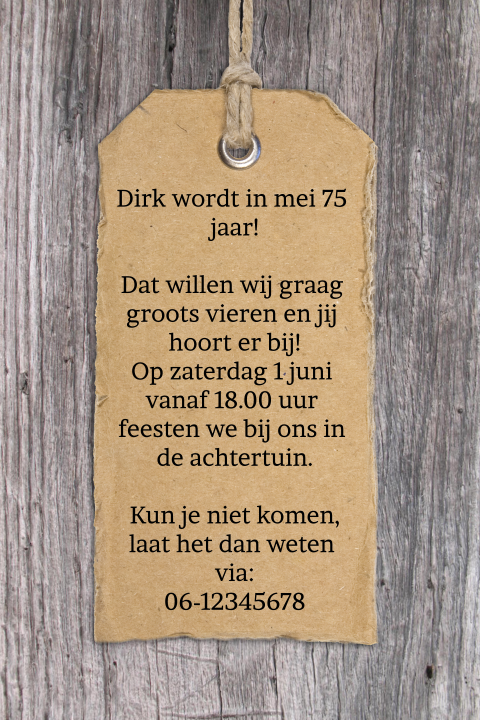 Uitnodiging 75e verjaardag met hout en kraft label