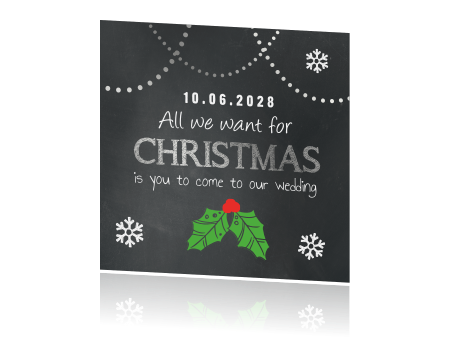 Kerst save the date kaart met krijtbord en kersttakje